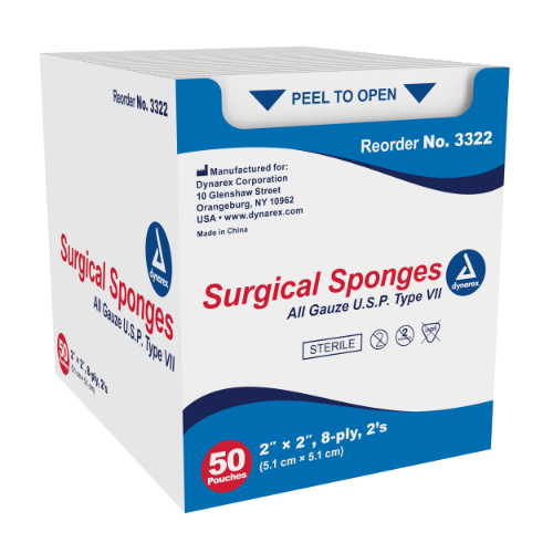 Dynarex - Gauze Sponge Sterile 2's, 2x2 8 Ply - 50 pouches/tray #3322